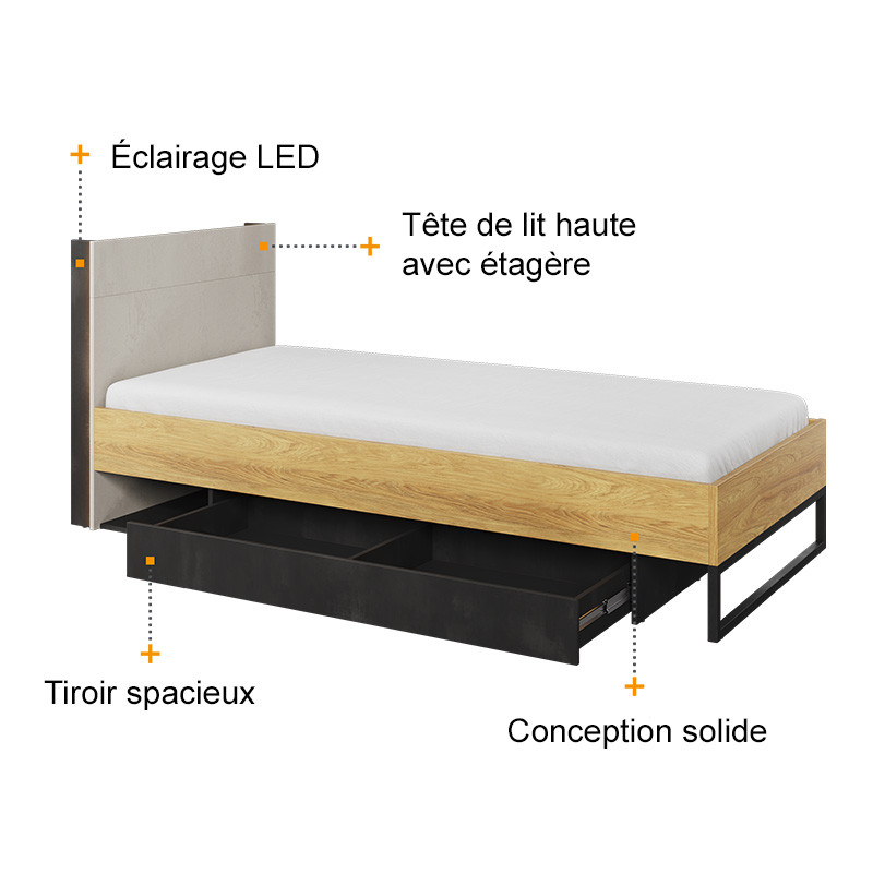 Lit ado 120x200 TEEN FLEX avec tiroir de rangement et éclairage